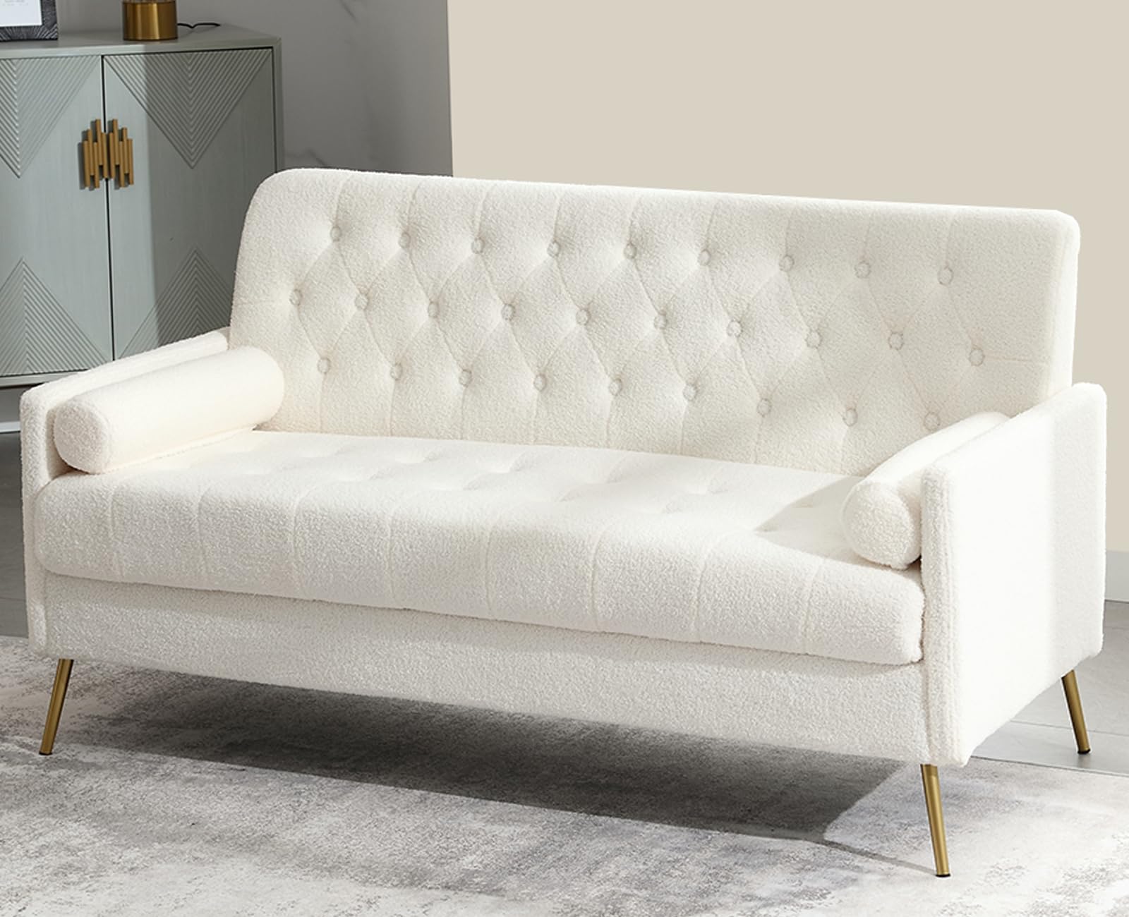 Guyou 60'' Loveseat Sofa Couch, White Sherpa Upholstered 2-Seat Love Sofa Chair with Arms for Living Room Tufted Small Couch Sofa with Removable Cushion and Gold Legs