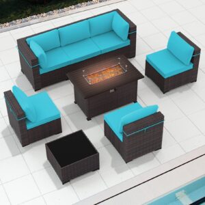 ASJMR Outdoor Patio Furniture Set with Gas Fire Pit Table, 8 Pieces Outdoor Furniture Set Patio Sectional Sofa w/43in Propane Fire Pit, PE Wicker Rattan Patio Conversation Sets - Teal.