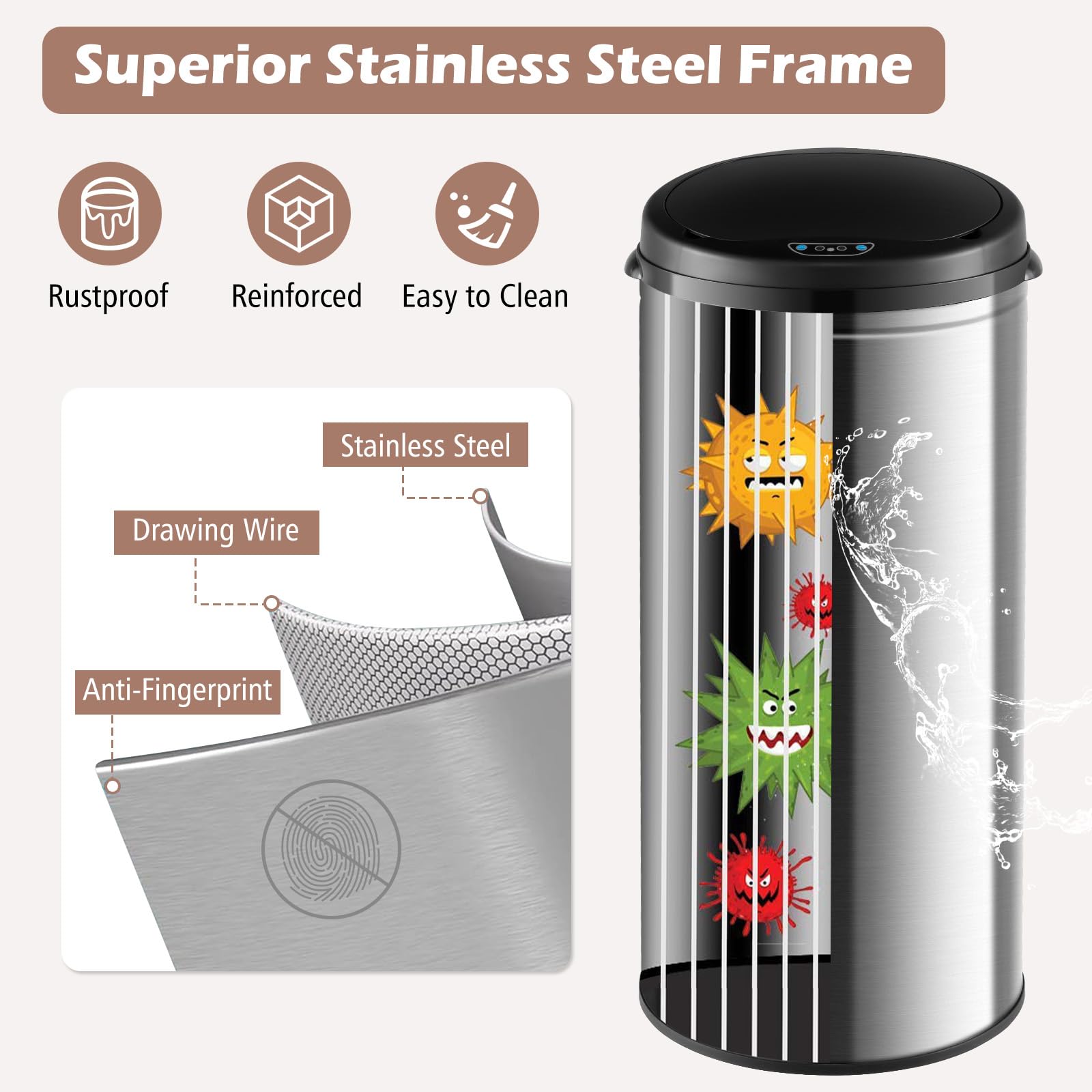 S AFSTAR Automatic Trash Can 8 Gallon 30 Litter, Motion Sensor Trash with Touch-Free & Stainless Steel Frame, Anti-Fingerprint Garbage Can Touch-Less Smart Trash Bin for Kitchen Bathroom Office