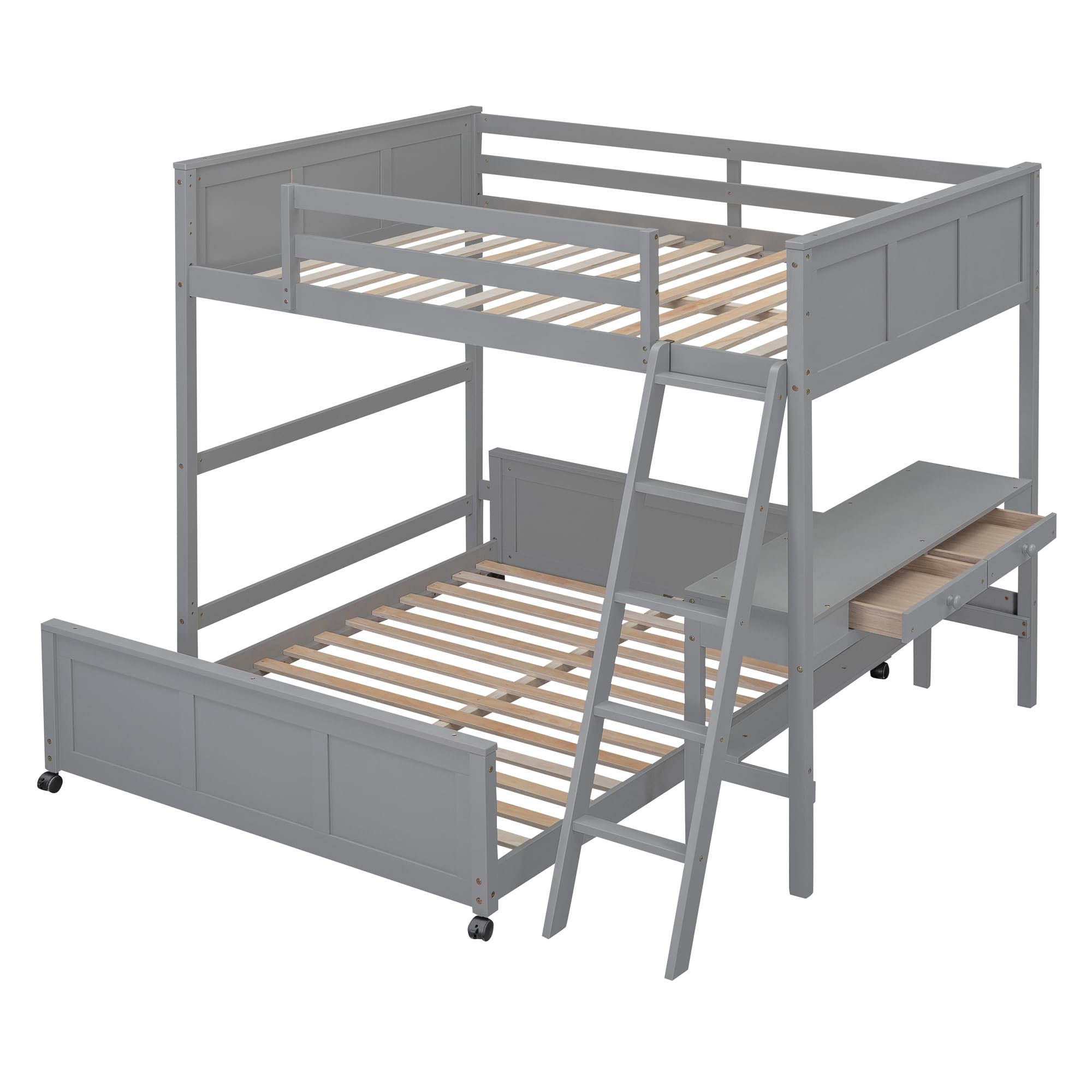 Full Over Full Loft Bed with Desk and Storage Drawers, Wood Bunk Loft Bunk Bed for Kids, Can Be Separated into A Full Size Platform Bed Frame and A Loft Bed for Girls Boys Teens, Gray