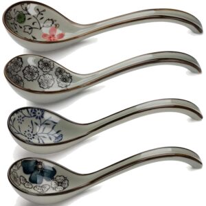 set of 4 soup spoons, japanese soup spoon chinese ceramic ramen spoons, asian soup spoon long handle perfect size for dumpling pho noodles miso dishwasher safe (style c)