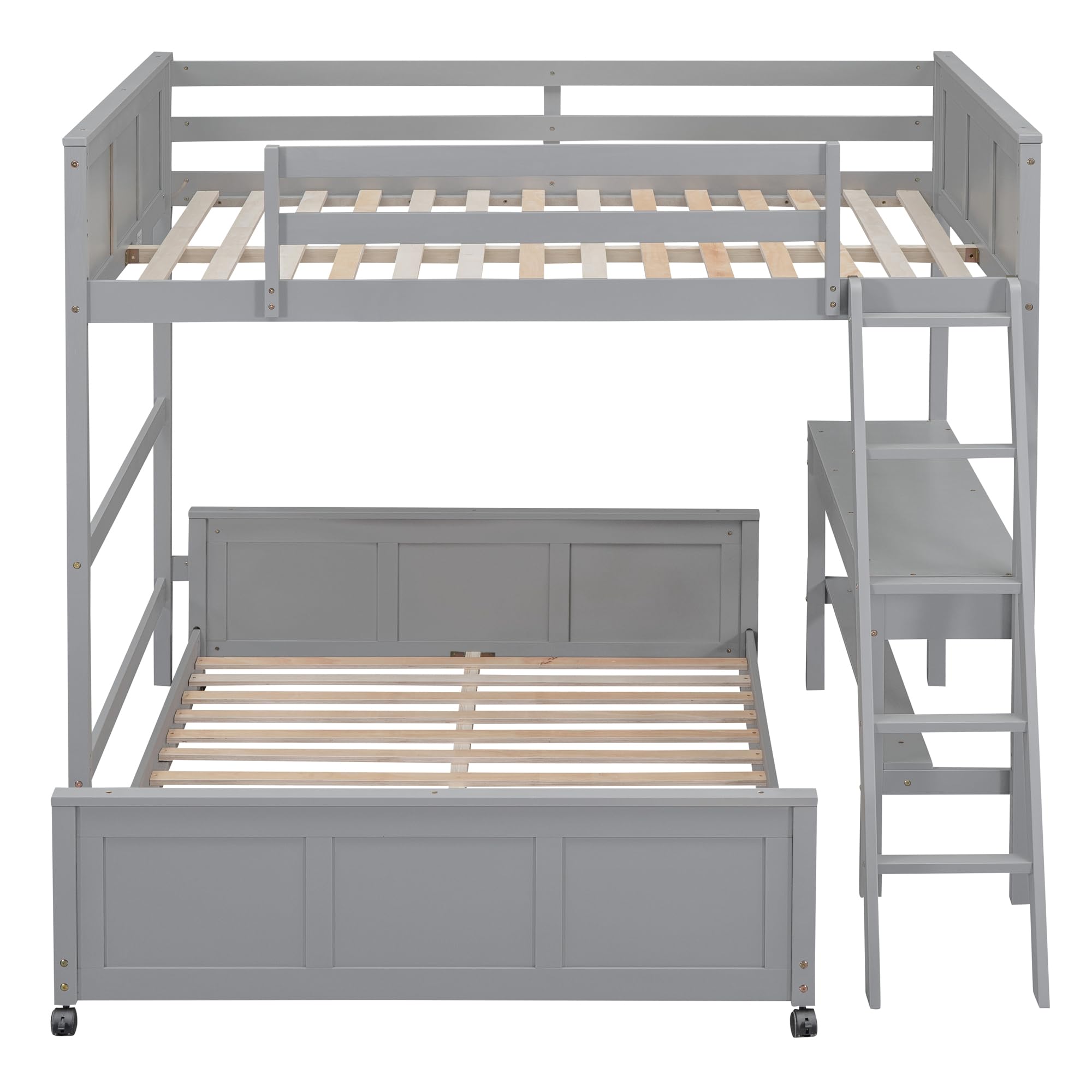 Full Over Full Loft Bed with Desk and Storage Drawers, Wood Bunk Loft Bunk Bed for Kids, Can Be Separated into A Full Size Platform Bed Frame and A Loft Bed for Girls Boys Teens, Gray