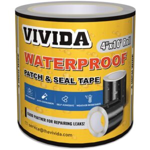 vivida waterproof patch and seal tape, 4" × 10' waterproof tape for outdoor use, patch and seal tape waterproof tape for leaks, underwater repair, black, 1 roll