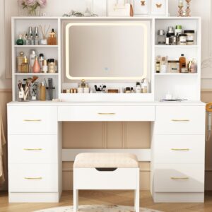 jiteentarou 47" Large Vanity Desk with Mirror and Lights, LED White Vanity Set with Stool and Power Outlet, Lighted Make up Vanity Desk with Drawers and 3 Lighting Modes for Women, Girls(White)