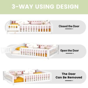 CITYLIGHT Full Size Floor Bed with Rails, Wood Montessori Floor Bed Full with Support Slats, Kids Full Bed Frame with Door Design for Boys,Girls, White