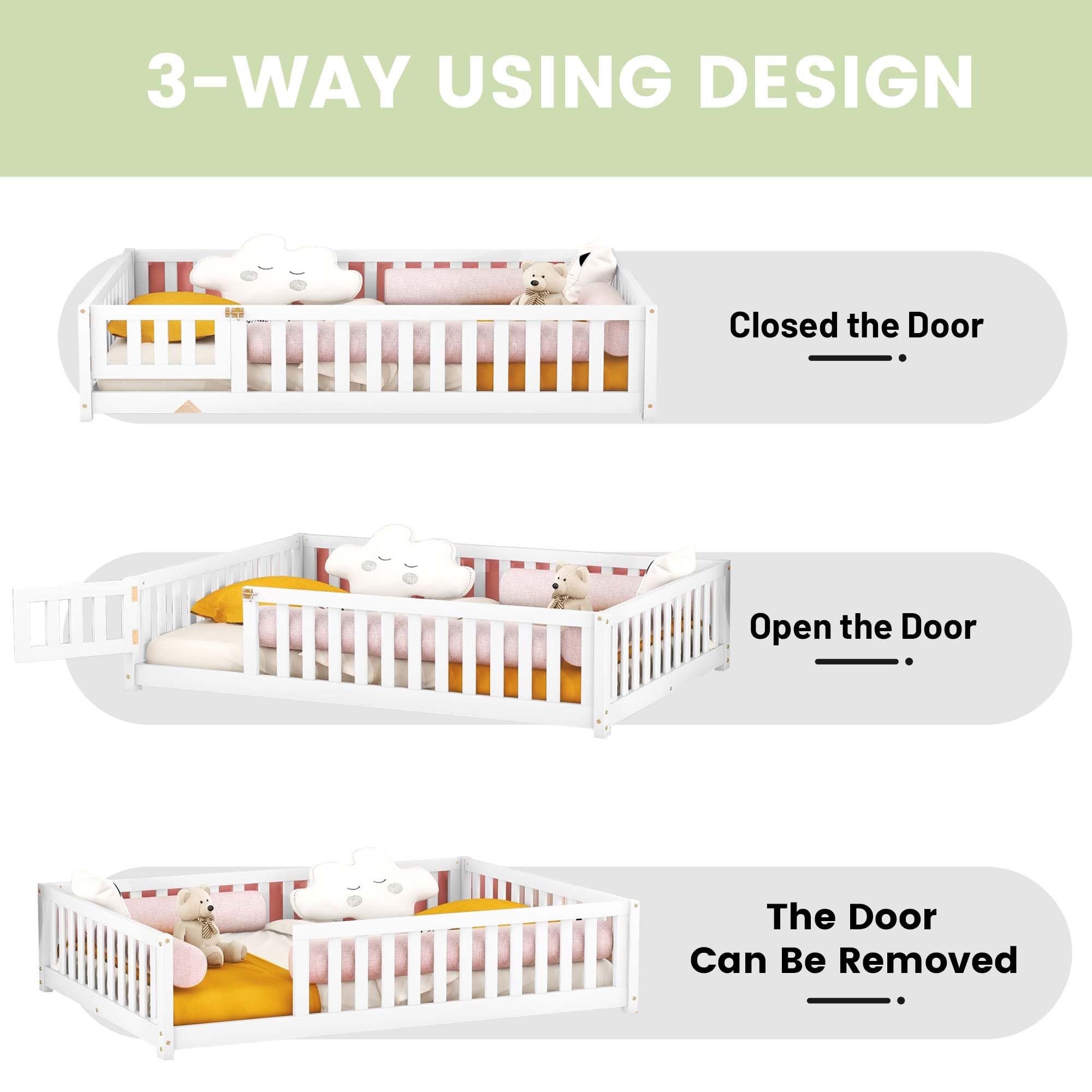 CITYLIGHT Full Size Floor Bed with Rails, Wood Montessori Floor Bed Full with Support Slats, Kids Full Bed Frame with Door Design for Boys,Girls, White