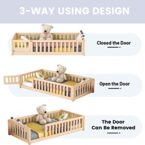 CITYLIGHT Twin Size Floor Bed with Rails, Wood Montessori Floor Bed Twin with Support Slats, Kids Twin Bed Frame with Door Design for Boys,Girls, Natural