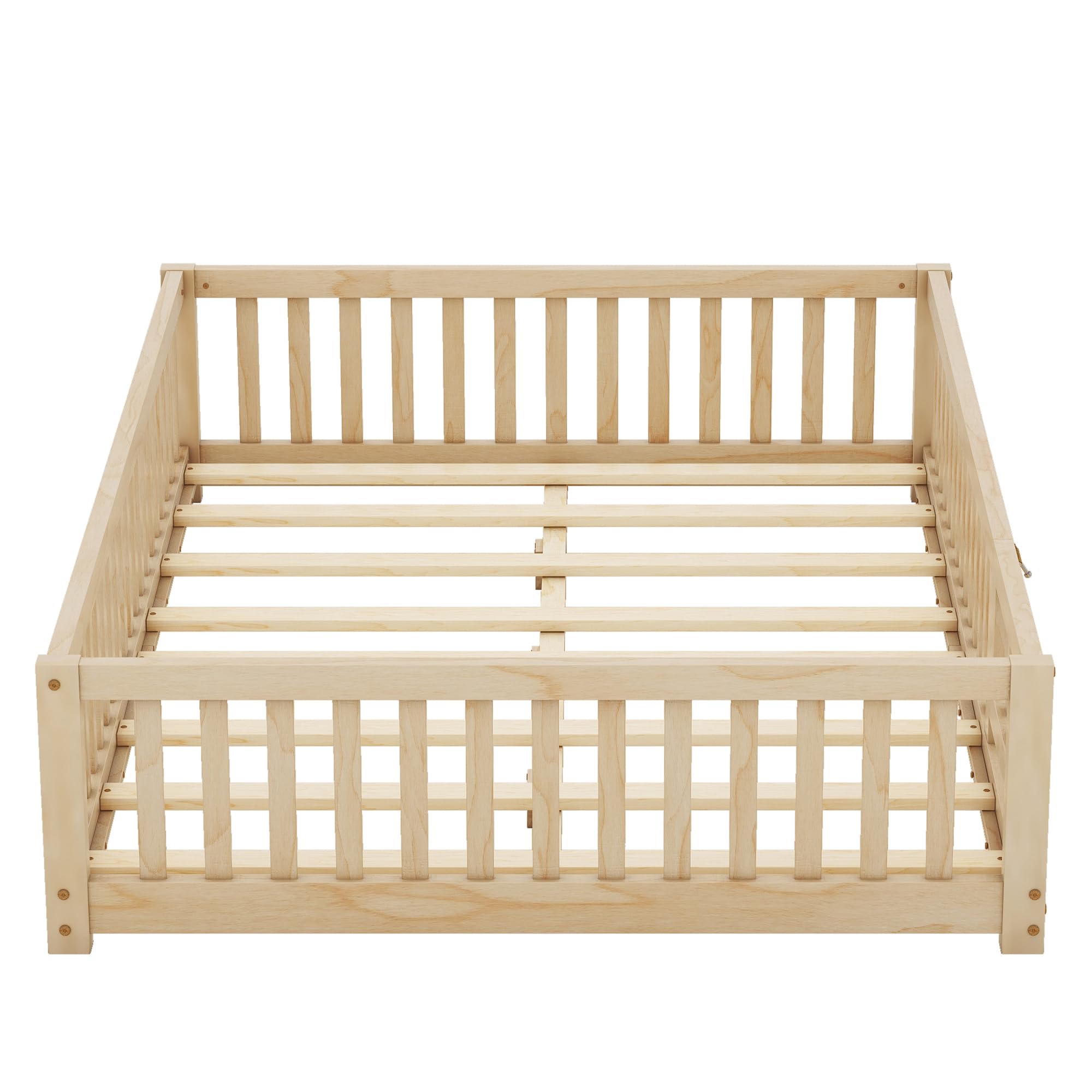 CITYLIGHT Full Size Floor Bed with Rails, Wood Montessori Floor Bed Full with Support Slats, Kids Full Bed Frame with Door Design for Boys,Girls, Natural