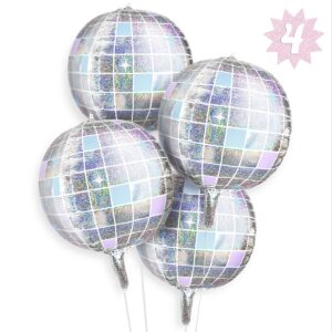 xo, fetti iridescent disco ball foil balloons - 4 pk, 22" | last disco bachelorette decorations, groovy birthday party supplies, 70s baby shower, nye, space cowboy