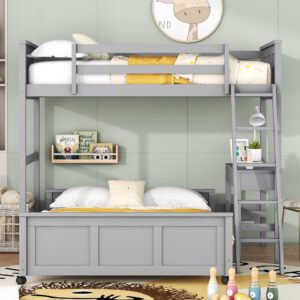 twin over full loft bed with desk and storage drawers, wood bunk loft bunk bed for kids, can be separated into a full bed frame and a twin size loft bed for girls boys teens, gray