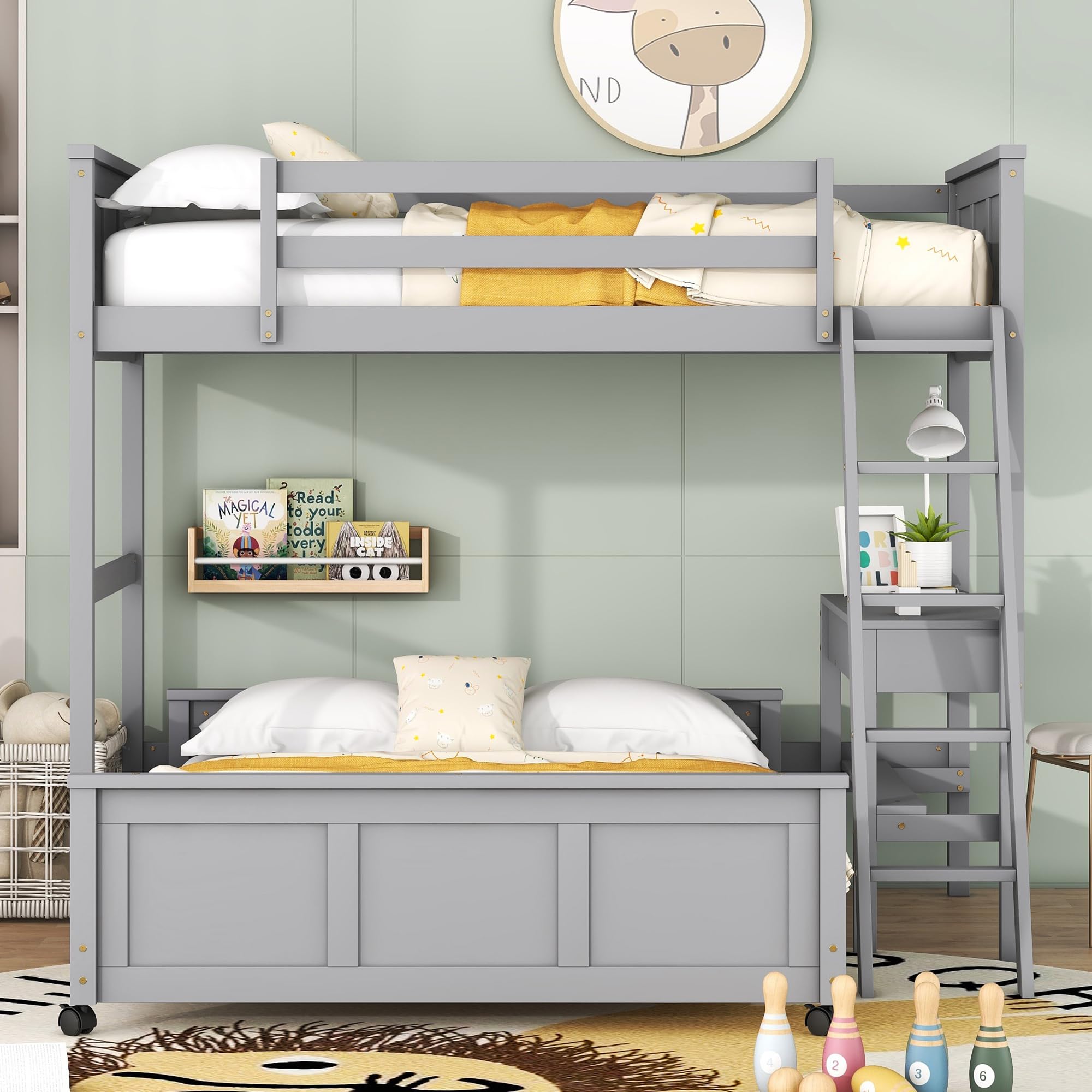 Twin Over Full Loft Bed with Desk and Storage Drawers, Wood Bunk Loft Bunk Bed for Kids, Can Be Separated into A Full Bed Frame and A Twin Size Loft Bed for Girls Boys Teens, Gray