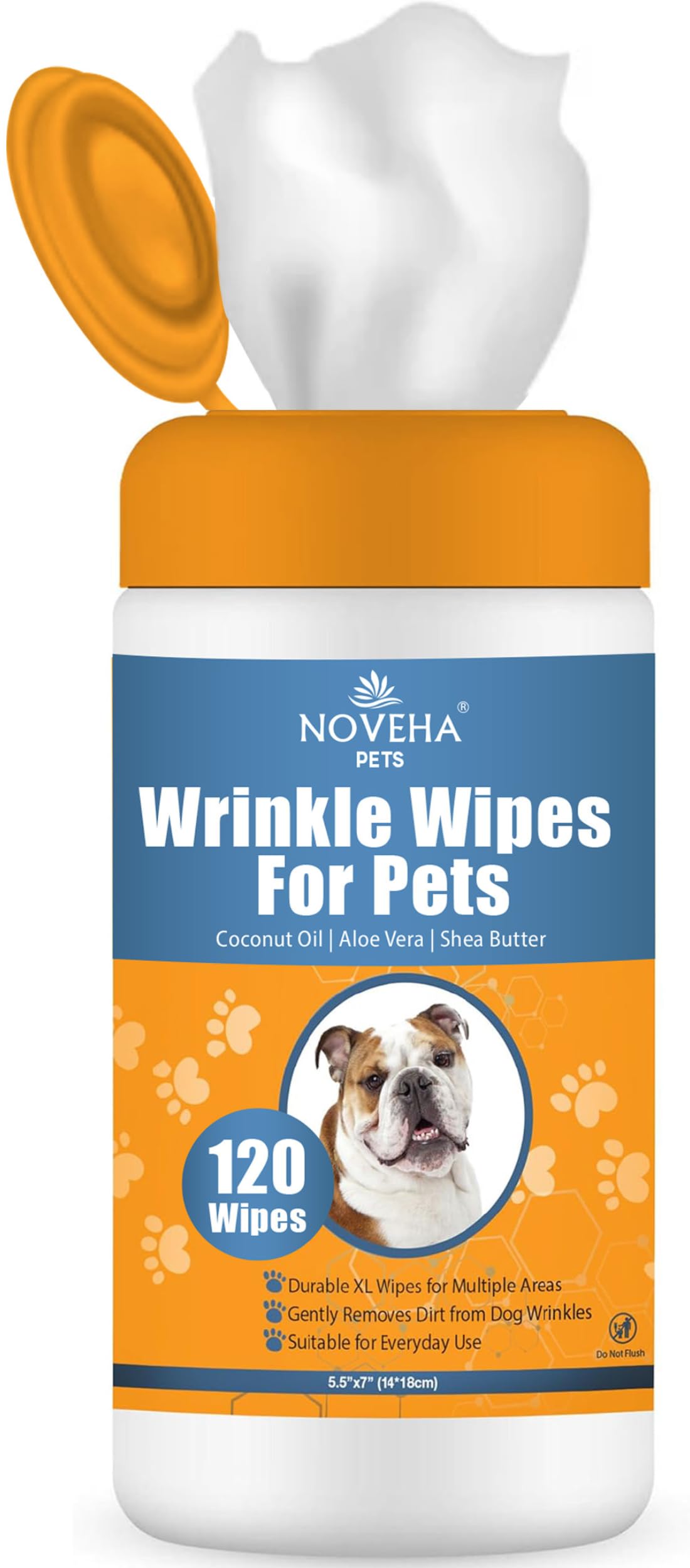 NOVEHA 5”x7” Large Dog Wipes | Wipes for Bulldog, French Bulldog, Pug, English Bulldog | Deodorizing, for Multiple Areas Removes Dirt, Wrinkles, Folds, Tear Stain, Tail Pockets & Paws (120 Counts)