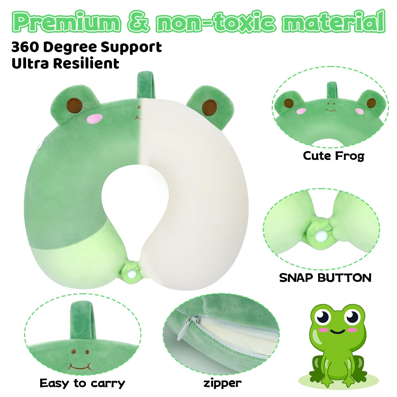 JEROKUMI Memory Foam Kids Travel Pillow, Cute Frog Kids Neck Pillow for Traveling, Cartoon Animal U Shaped Pillow for Kids Airplane Travel,Long Road,Neck Chin Support