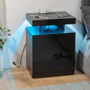 HOMMPA Set of 2 LED Nightstand with Wireless Charging Station Black Bedside Table with 3 Drawers USB Port Type C Modern Smart LED Nightstand Tall 26.8in High Gloss Night Table with Light for Bedroom