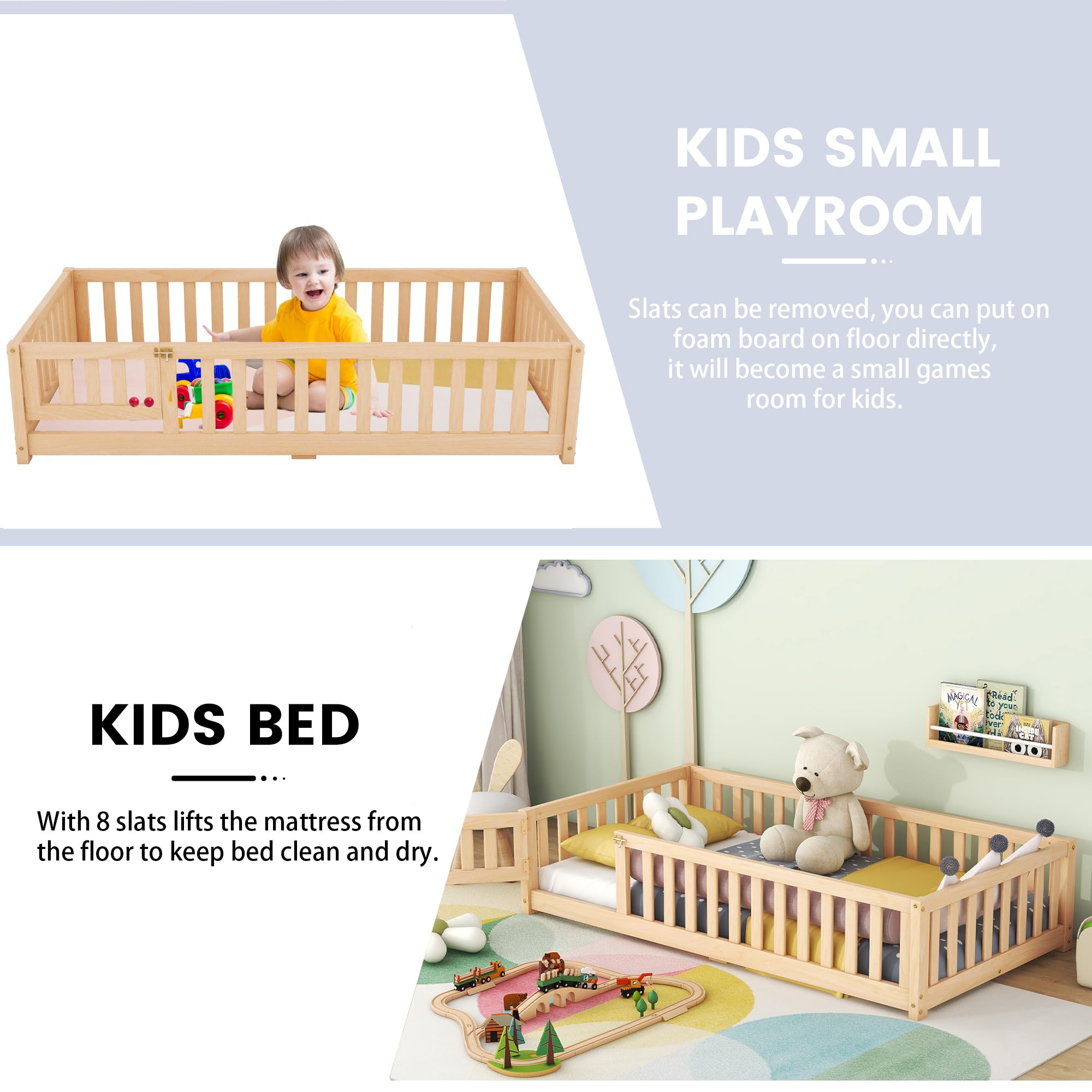 CITYLIGHT Twin Size Floor Bed with Rails, Wood Montessori Floor Bed Twin with Support Slats, Kids Twin Bed Frame with Door Design for Boys,Girls, Natural