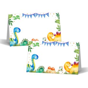 zmyollo dinosaur table place cards - 25pcs tent cards - tropical dino themed food lables - name place cards for table setting - name cards for birthday party baby shower - scored for easy folding -10