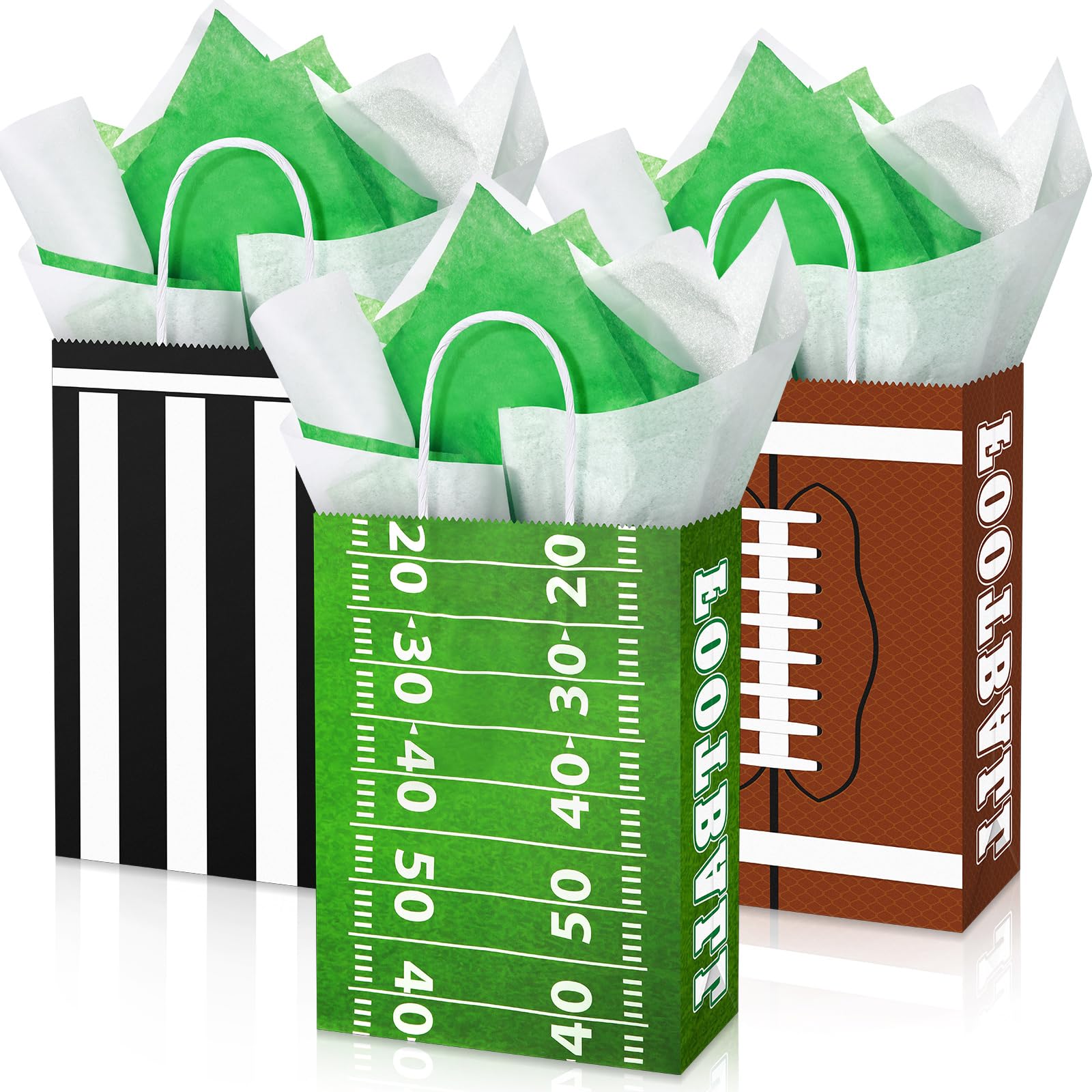 Pasimy 24 Pcs Football Gifts Bag with 24 Pcs Tissue Papers Goody Bags Treat Bags Present Bags for Football Game Party Theme Football Paper Treat Bags Party Favors Supplies, 8.6 x 6.3 x 3.15 Inch