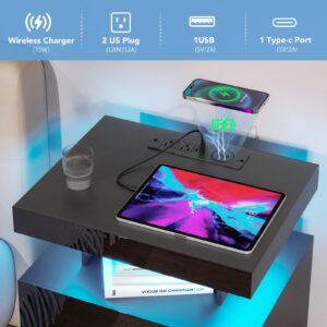 HOMMPA Set of 2 LED Nightstand with Wireless Charging Station Black Bedside Table with 3 Drawers USB Port Type C Modern Smart LED Nightstand Tall 26.8in High Gloss Night Table with Light for Bedroom