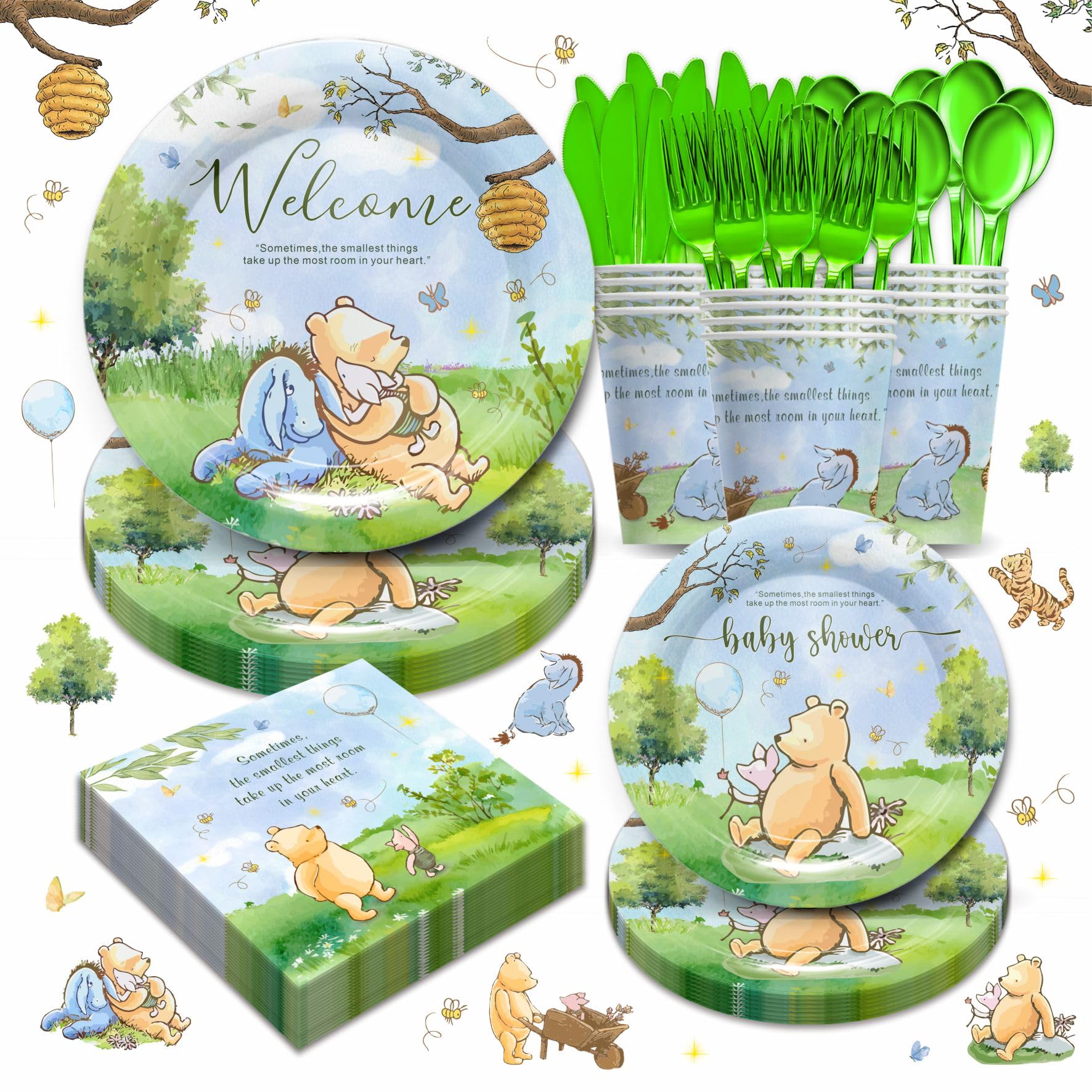 Piooluialy Winnie Baby Shower Pooh Decorations - Classic Winnie Baby Pooh Party Supplies Include Dinner Plates, Cups, Napkins, Cutlery, Winnie Welcome Baby Birthday Party Supplies | 24 Guests