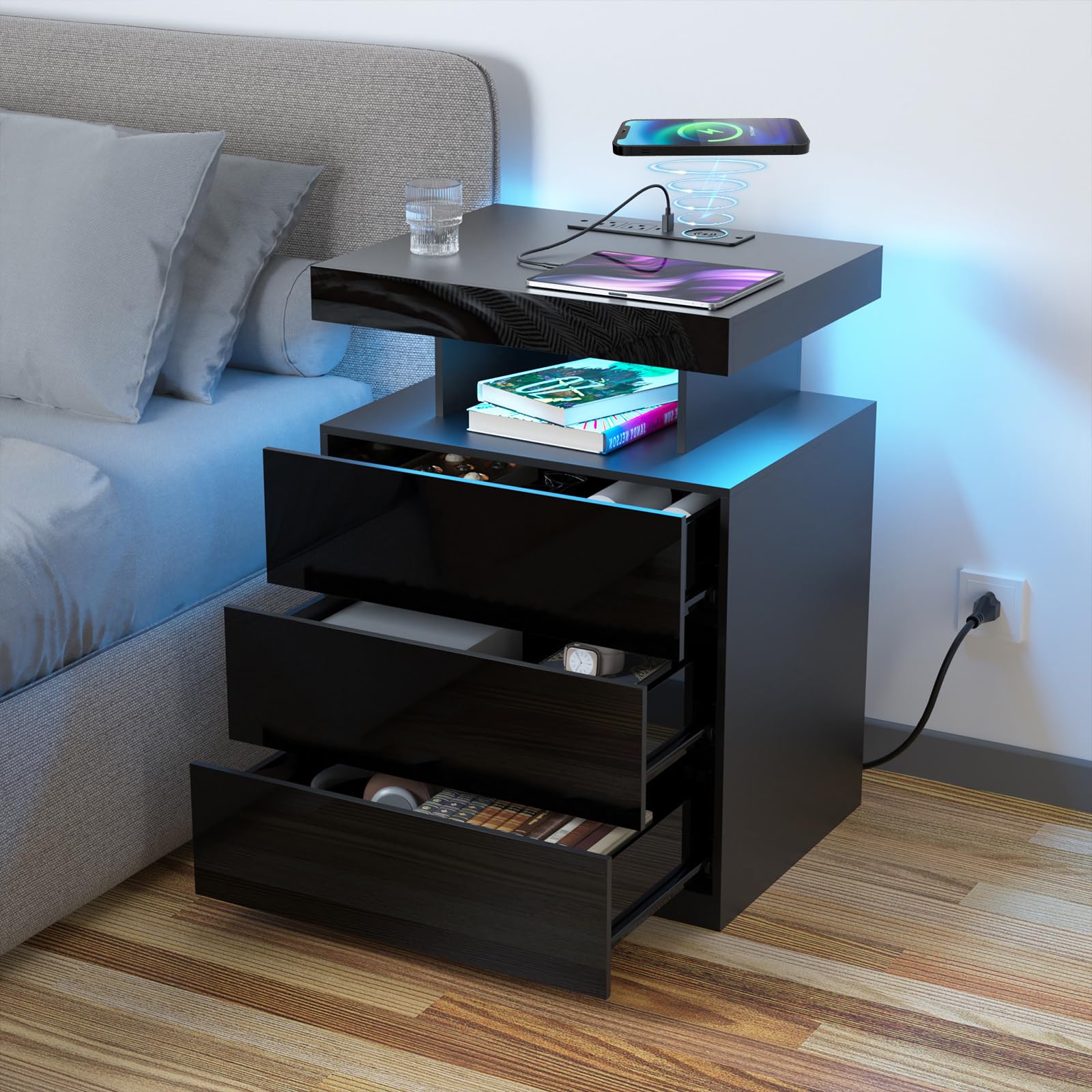 HOMMPA Set of 2 LED Nightstand with Wireless Charging Station Black Bedside Table with 3 Drawers USB Port Type C Modern Smart LED Nightstand Tall 26.8in High Gloss Night Table with Light for Bedroom