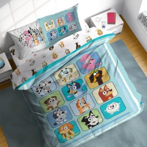 sunny side up bluey & friends full comforter set - 7 piece kids bedding includes comforter, sheets & pillow cover - super soft microfiber bed set