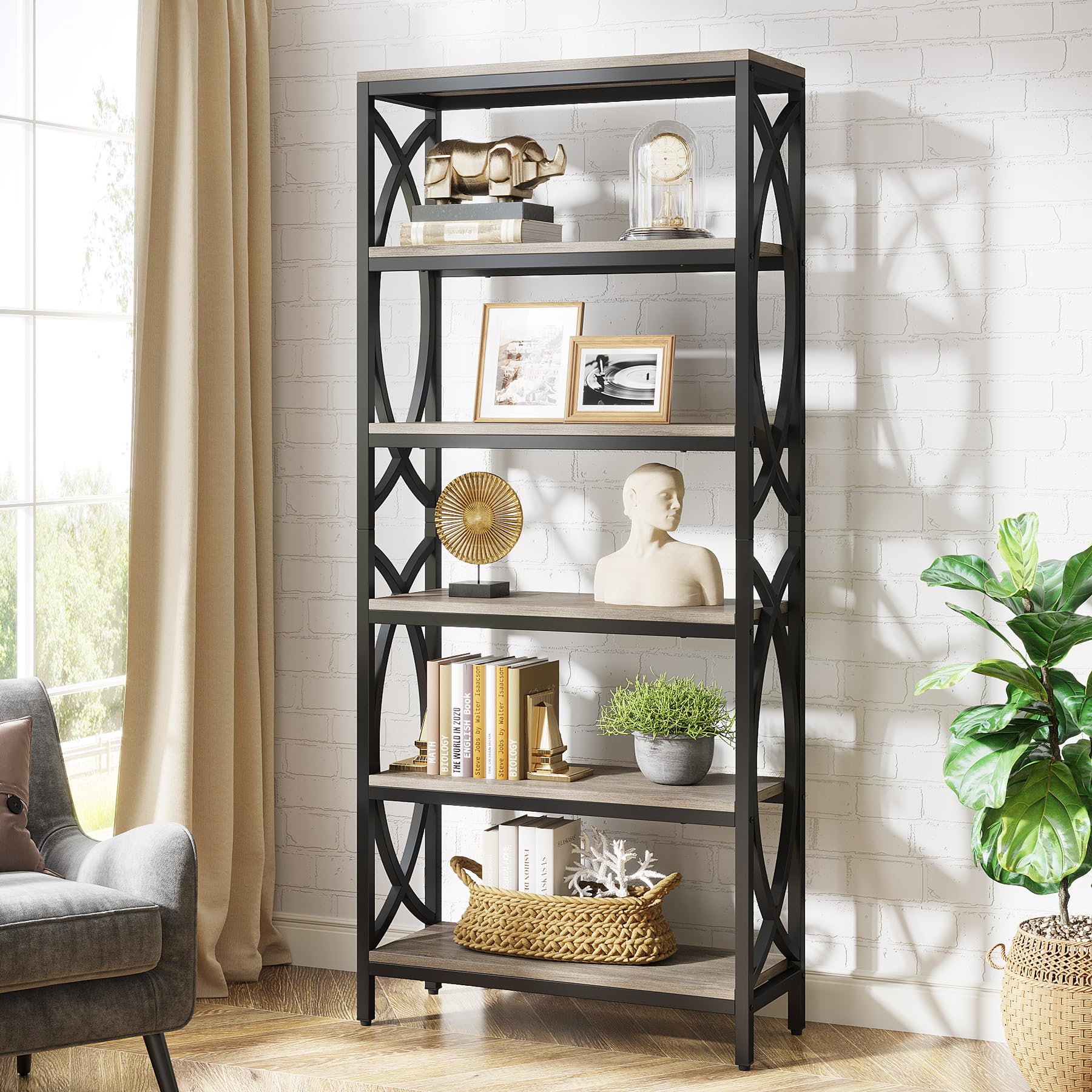 Tribesigns 6-Tier Bookshelf, 70.8" Tall Bookcase, Modern Wooden Bookshelf with Metal Frame, Freestanding Open Storage Shelves/Shelving Unit for Office, Bedroom, Living Room (Grey, 1PC)