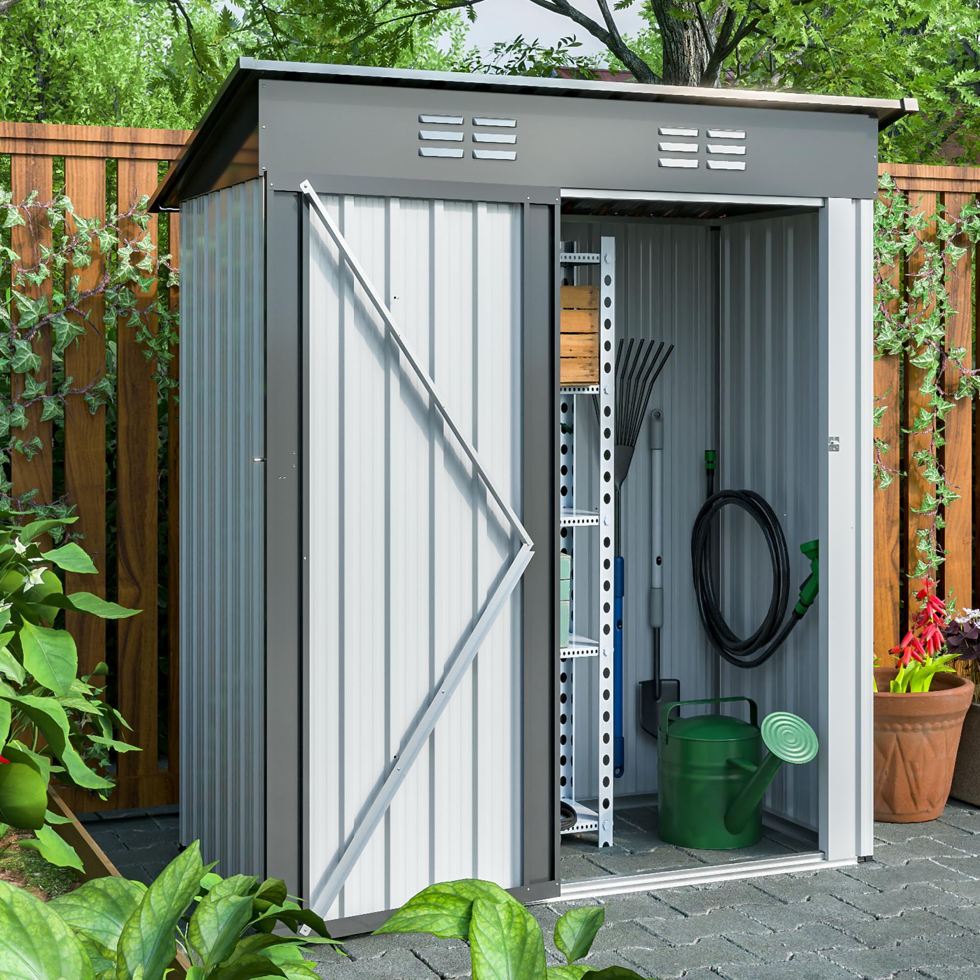 Outdoor Storage Shed 5 x 3 FT, Metal Garden Shed with Lockable Doors & Vents Openings, Outdoor Storage Clearance for Bike Garbage Can Lawnmower,Tool Storage House Shed for Backyard Garden Patio Lawn