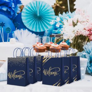 Kosiz 50 Sets Welcome Gift Bags Bulk with Handles and Tissue Paper Welcome to Our Church Gift Bags Kraft Paper Welcome Bags for Wedding Guests Hotel Church Visitors Birthday Party Supplies(Navy Blue)