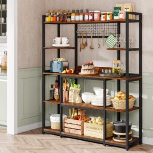 Tribesigns Large Bakers Rack, 55" Wide Kitchen Hutch Cabinet Microwave Stand with 11 Hooks, 5-Tier Baker’s Rack Kitchen Storage Shelf Rack with Hutch, Rustic Brown