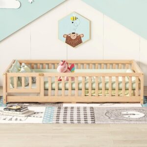 CITYLIGHT Full Size Floor Bed with Rails, Wood Montessori Floor Bed Full with Support Slats, Kids Full Bed Frame with Door Design for Boys,Girls, Natural