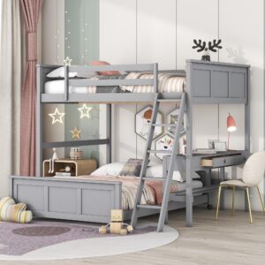 full over full loft bed with desk and storage drawers, wood bunk loft bunk bed for kids, can be separated into a full size platform bed frame and a loft bed for girls boys teens, gray