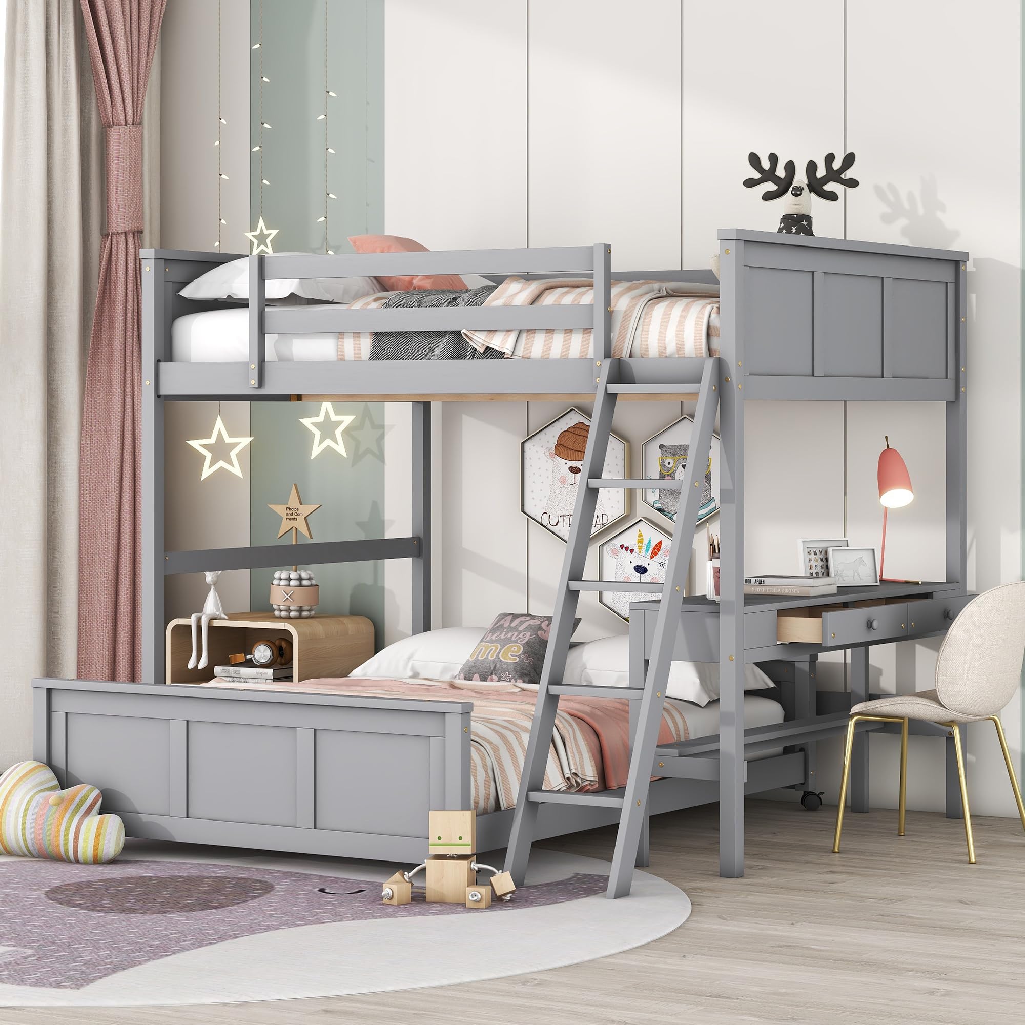 Full Over Full Loft Bed with Desk and Storage Drawers, Wood Bunk Loft Bunk Bed for Kids, Can Be Separated into A Full Size Platform Bed Frame and A Loft Bed for Girls Boys Teens, Gray