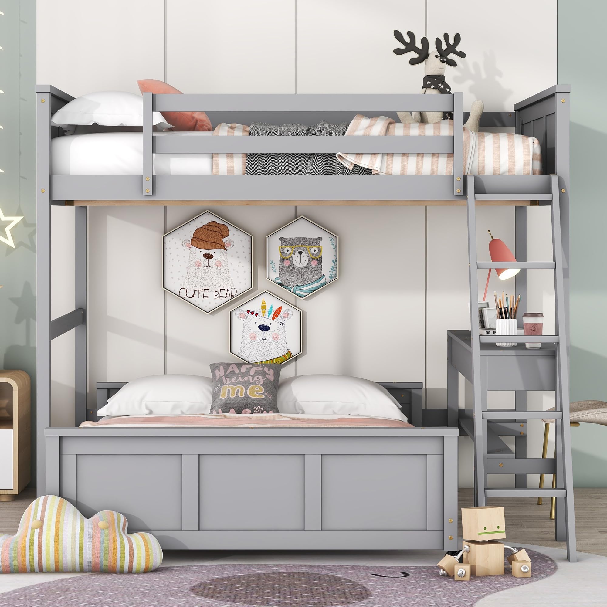 Full Over Full Loft Bed with Desk and Storage Drawers, Wood Bunk Loft Bunk Bed for Kids, Can Be Separated into A Full Size Platform Bed Frame and A Loft Bed for Girls Boys Teens, Gray