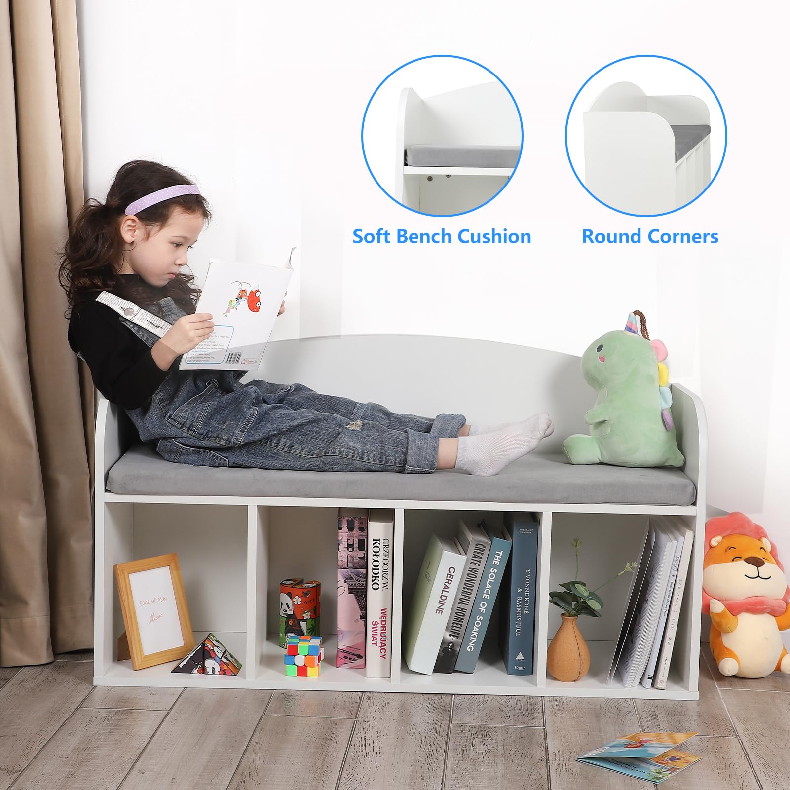 MOMCAYWEX Kids Bookshelf with Reading Nook, Toddler Bookshelf with Soft Grey Cushion, 4-Cube, White