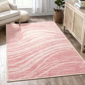 castage pink rug 3’x5’,washable rugs for bedroom girls living room entryway kitchen laundry room,modern blush small boho area rug abstract non slip carpet geometric