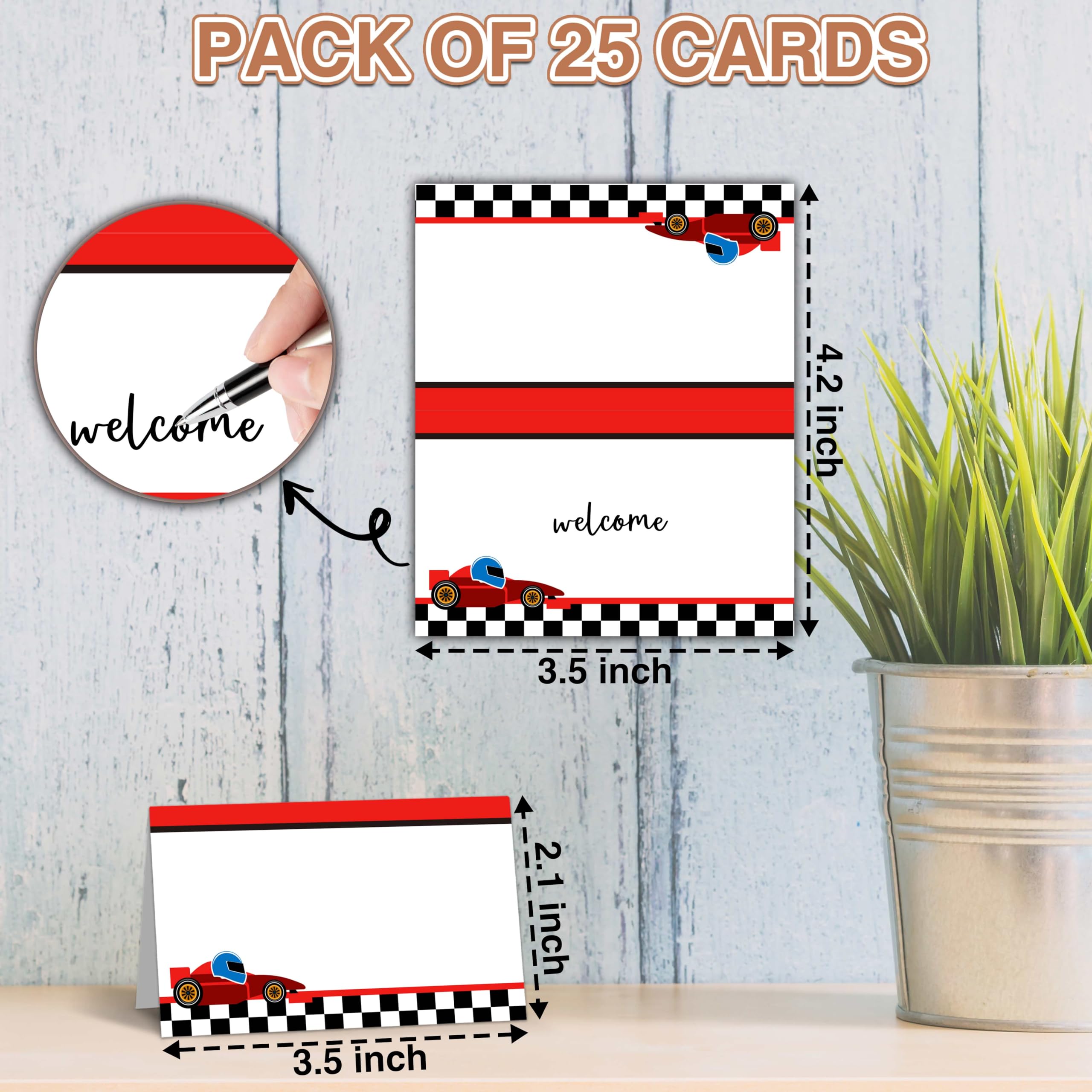 Racing Car Table Place Cards - 25PCS Tent Cards - 2.1” x 3.5“ Two Fast Food Lables - Name Place Cards for Table Setting - Name Cards for Birthday Party Baby Shower - Scored for Easy Folding -18