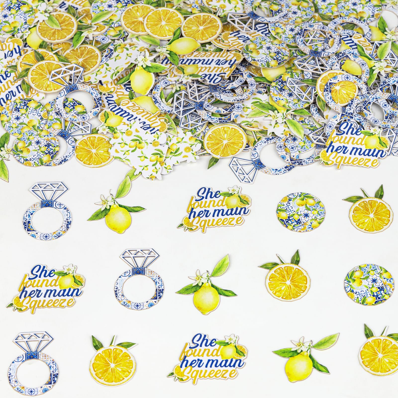 JOYMEMO 200 Pieces She Found Her Main Squeeze Confetti - Blue Tile and Lemon Bridal Shower Decorations, Double Sided Lemon Confetti Lemonade Scatter Table Decor for Bachelorette Engagement Party