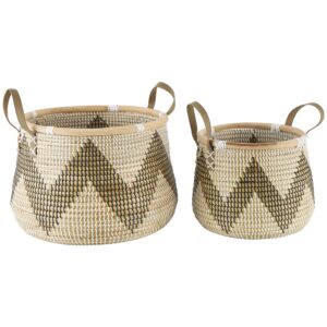 deco 79 seagrass handmade zigzag patterned storage basket with black and white plastic weaving and leather handles, set of 2 18", 13" w, brown