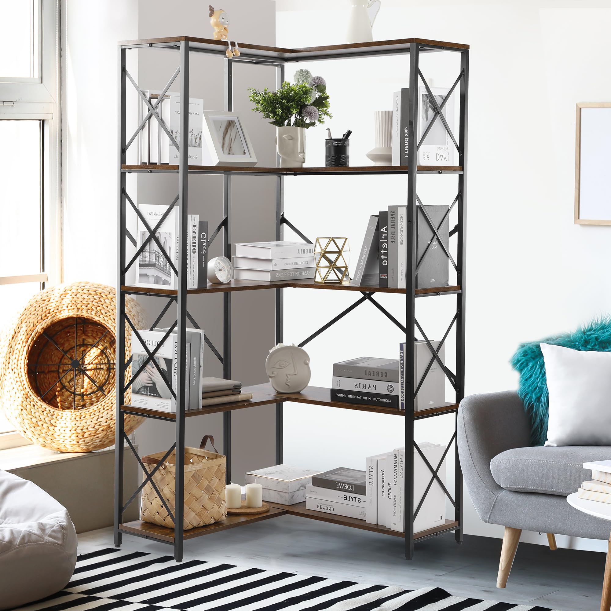 Rengue Bookshelf 5 Tier Corner Shelf, Large Modern Industrial Bookcase L Shaped Storage Display Rack with Heavy Duty Metal Frame for Home Office, Living Room, Bed Room