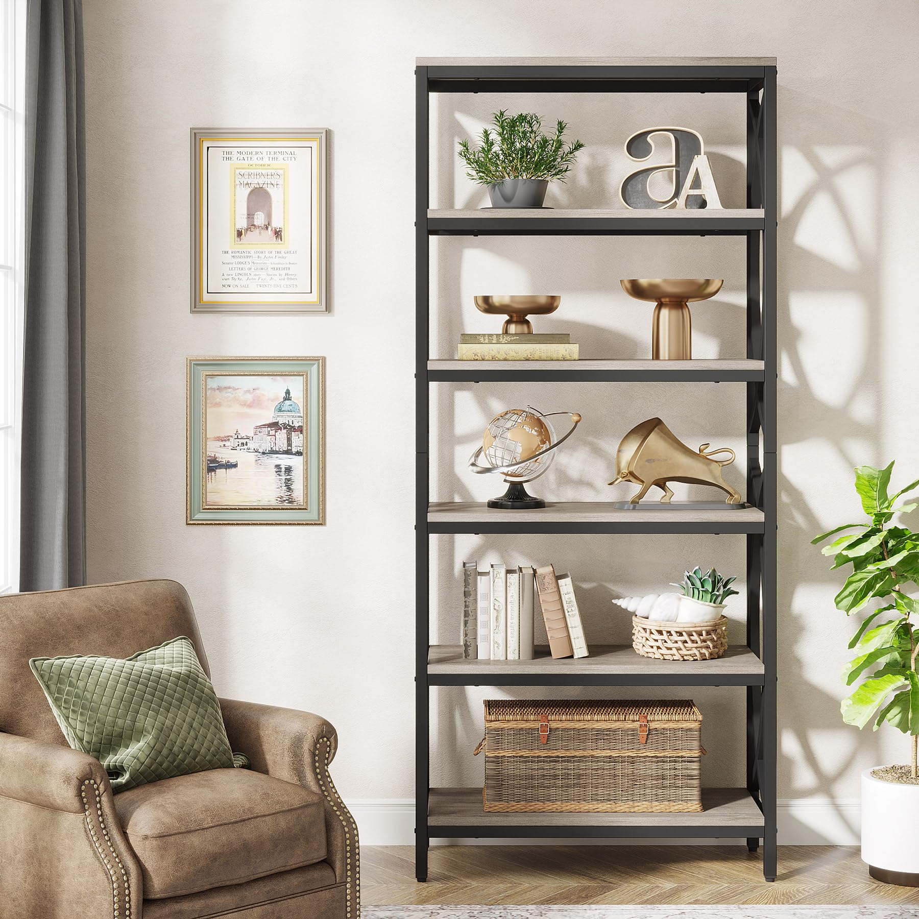 Tribesigns 6-Tier Bookshelf, 70.8" Tall Bookcase, Modern Wooden Bookshelf with Metal Frame, Freestanding Open Storage Shelves/Shelving Unit for Office, Bedroom, Living Room (Grey, 1PC)