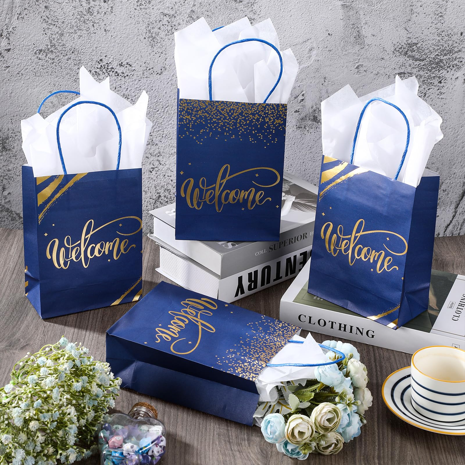 Kosiz 50 Sets Welcome Gift Bags Bulk with Handles and Tissue Paper Welcome to Our Church Gift Bags Kraft Paper Welcome Bags for Wedding Guests Hotel Church Visitors Birthday Party Supplies(Navy Blue)