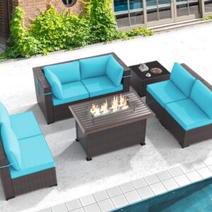 ASJMR Outdoor Patio Furniture Set with Gas Fire Pit Table, 8 Pieces Outdoor Furniture Set Patio Sectional Sofa w/43in Propane Fire Pit, PE Wicker Rattan Patio Conversation Sets - Teal.