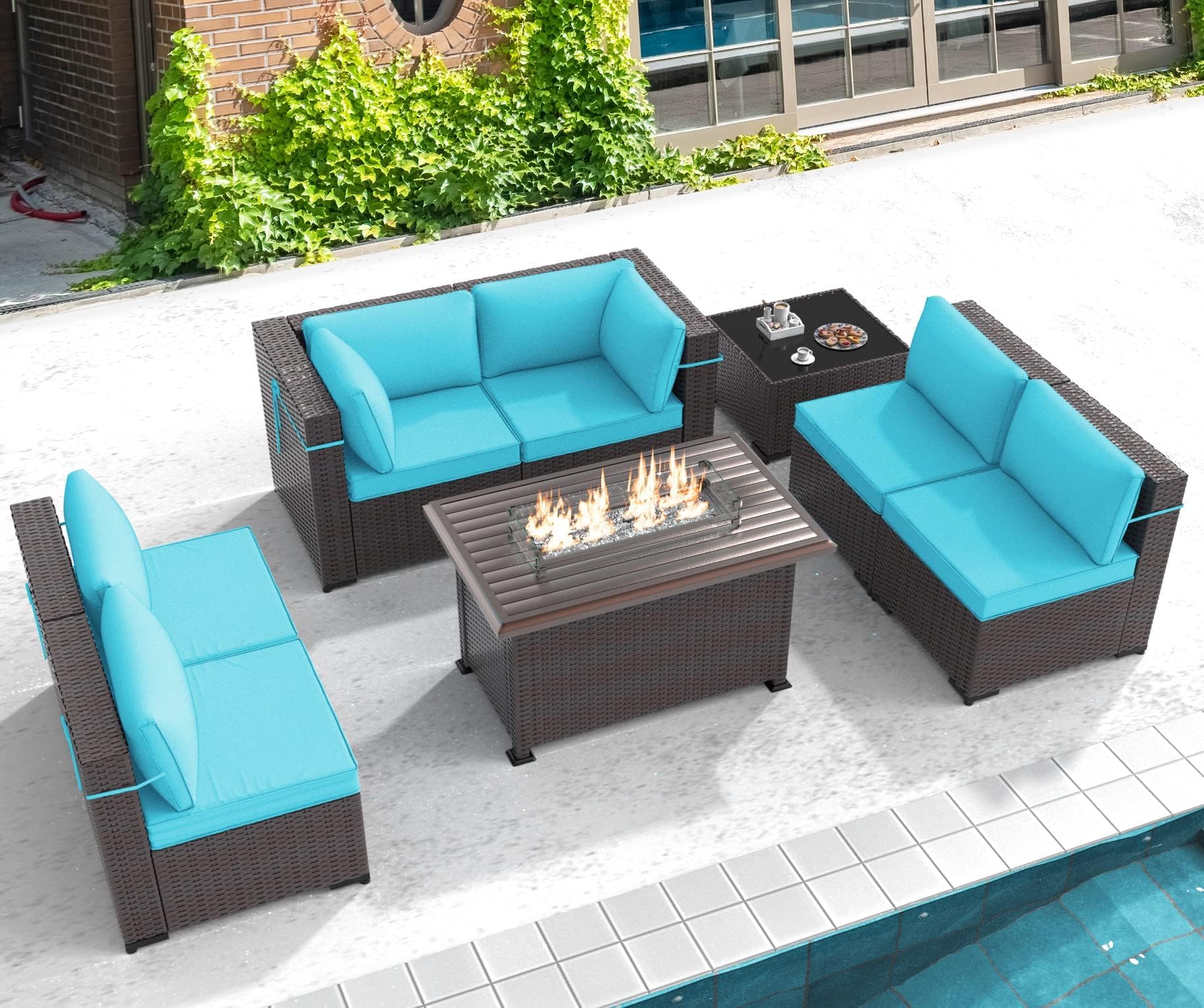 ASJMR Outdoor Patio Furniture Set with Gas Fire Pit Table, 8 Pieces Outdoor Furniture Set Patio Sectional Sofa w/43in Propane Fire Pit, PE Wicker Rattan Patio Conversation Sets - Teal.