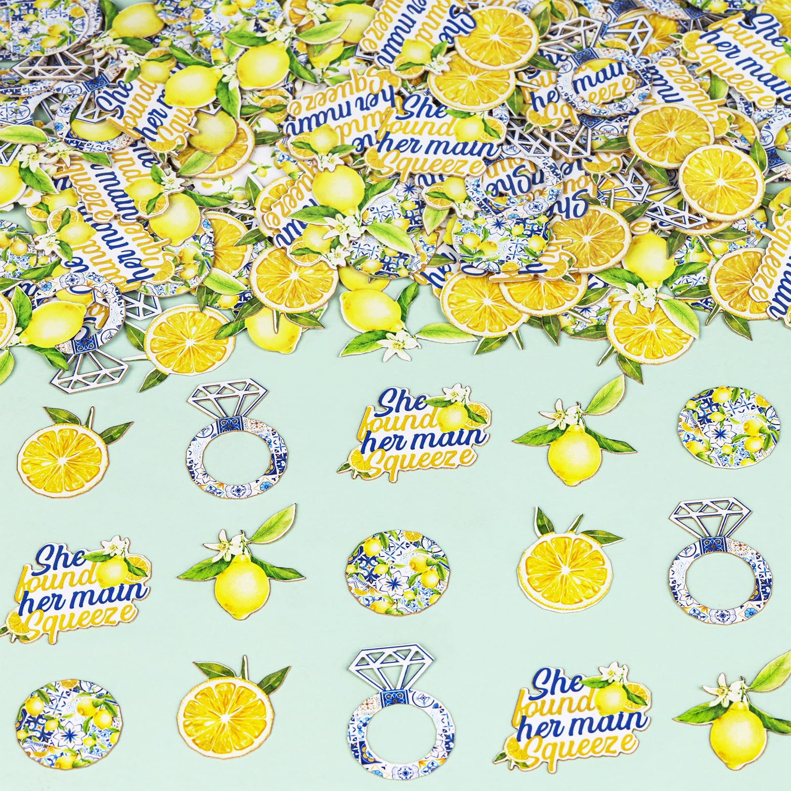 JOYMEMO 200 Pieces She Found Her Main Squeeze Confetti - Blue Tile and Lemon Bridal Shower Decorations, Double Sided Lemon Confetti Lemonade Scatter Table Decor for Bachelorette Engagement Party