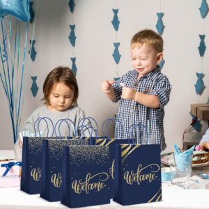 Kosiz 50 Sets Welcome Gift Bags Bulk with Handles and Tissue Paper Welcome to Our Church Gift Bags Kraft Paper Welcome Bags for Wedding Guests Hotel Church Visitors Birthday Party Supplies(Navy Blue)