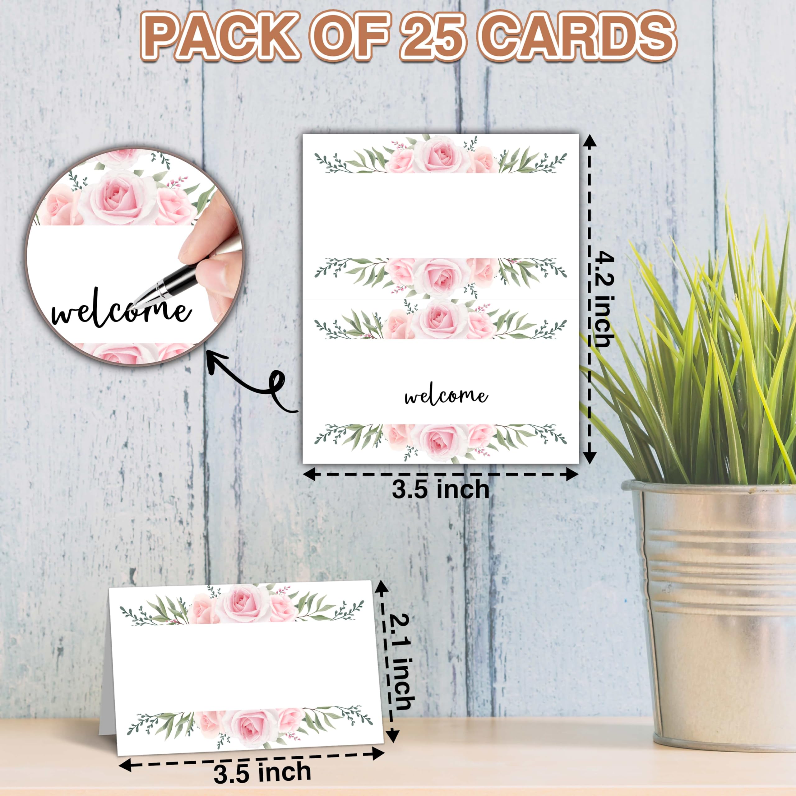 Zmyollo Blush Pink Floral Table Place Cards - 25PCS Tent Cards - 2.1” x 3.5“ Food Lables - Name Place Cards for Table Setting - Name Cards for Birthday Party Baby Shower - Scored for Easy Folding -15