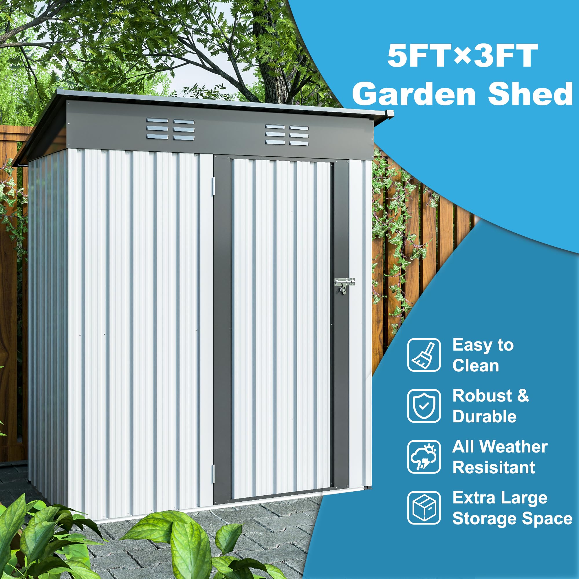 Outdoor Storage Shed 5 x 3 FT, Metal Garden Shed with Lockable Doors & Vents Openings, Outdoor Storage Clearance for Bike Garbage Can Lawnmower,Tool Storage House Shed for Backyard Garden Patio Lawn