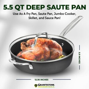 Granitestone Armor Max 5.5 Quart.Sauté Pan with Lid - 12 Inch Non Stick Deep Frying Pan with Lid, Large Frying Pan, Oven Safe Skillet with Lid, Multipurpose Jumbo Cooker, Stovetop/Dishwasher Safe…