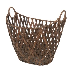 deco 79 plastic rattan geometric decorative and functional storage basket open frame woven basket organizer with ring handles, basket for storage 21" x 17" x 19", bronze