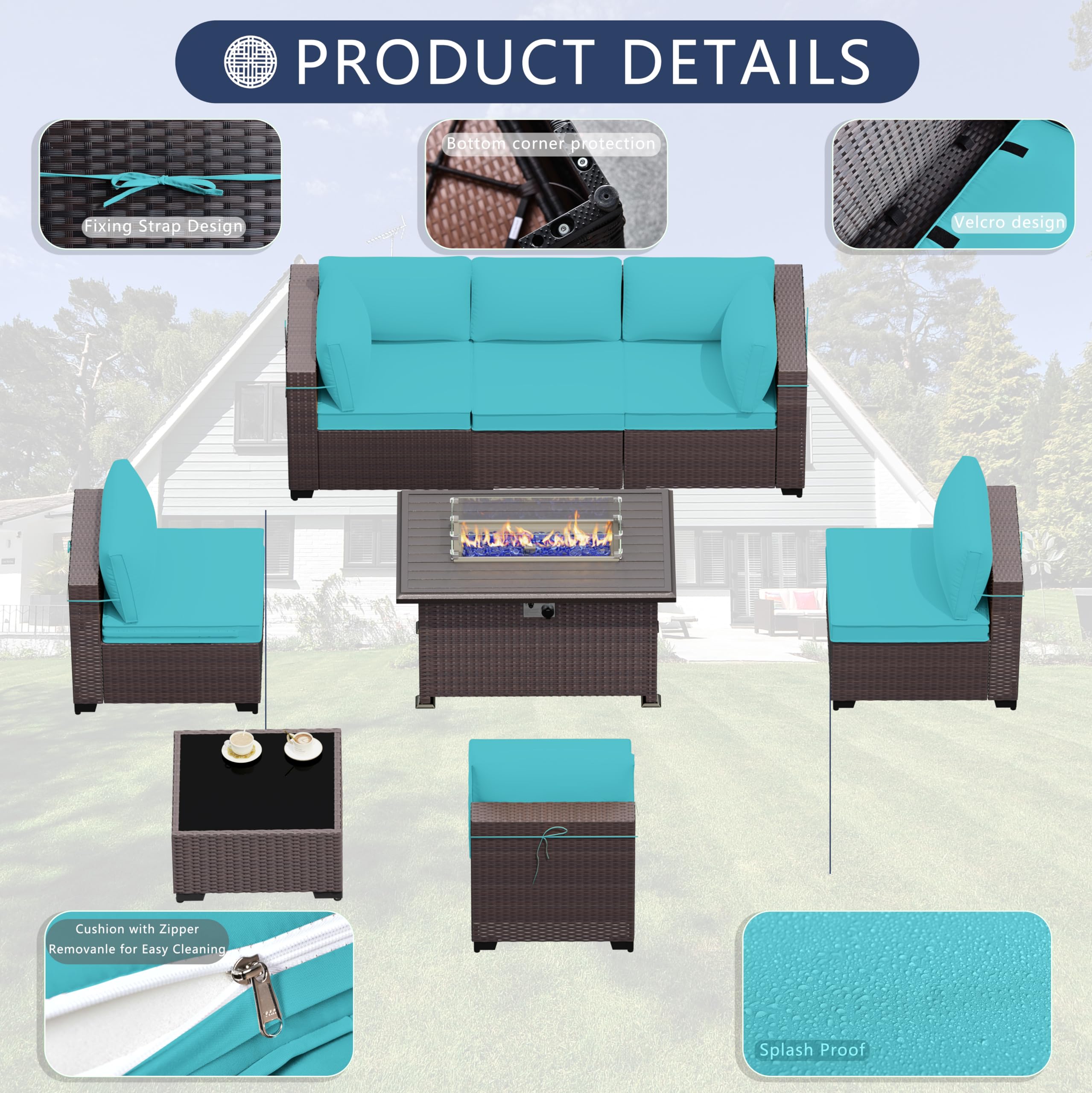 ASJMR Outdoor Patio Furniture Set with Gas Fire Pit Table, 8 Pieces Outdoor Furniture Set Patio Sectional Sofa w/43in Propane Fire Pit, PE Wicker Rattan Patio Conversation Sets - Teal.